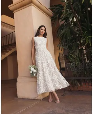 Mac Duggal Floral Embroidered High Neck Midi Dress - Ivory Nude