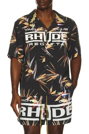 Rhude Regatta Club Hawaiian Shirt In Black - Multi, Yellow, & White
