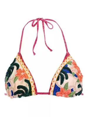 Agua Bendita Lolita Beaded-floral Triangle Bikini Top - Neutrals