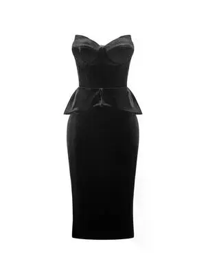 IMROSKA Velvet Peplum Strapless Midi Dress - Black