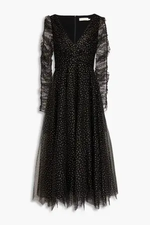 Zimmermann Ruched Glittered Tulle Midi Dress - Black