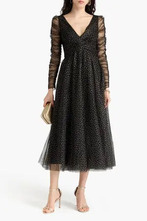 Zimmermann Ruched Glittered Tulle Midi Dress - Black