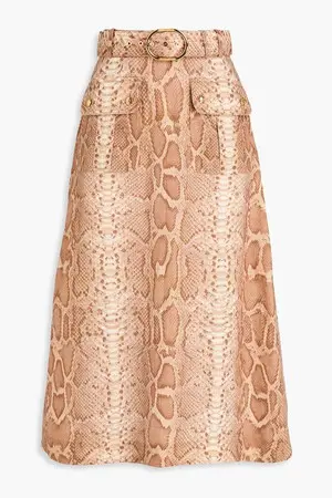 Zimmermann Belted Snakeprint Linen Midi Skirt