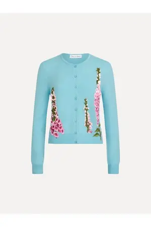 Oscar De La Renta Foxglove Threadwork Wool Cardigan - Natural