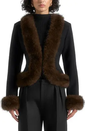 Manière De Voir Lina Sculpted Wool & Fur Trim Jacket - Black