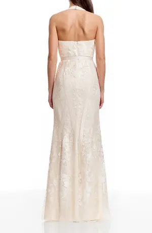 Dress The Population Devin Embroidered Lace Halter Gown - Off White