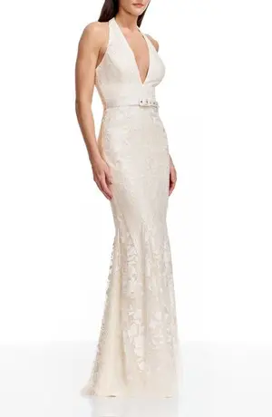 Dress The Population Devin Embroidered Lace Halter Gown - Off White
