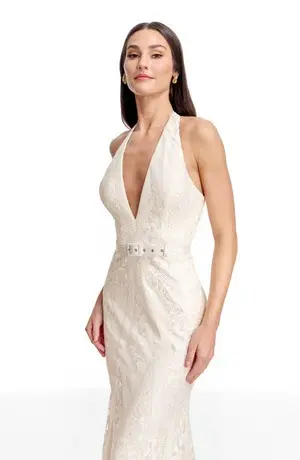 Dress The Population Devin Embroidered Lace Halter Gown - Off White