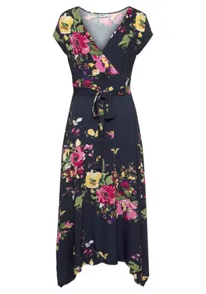 LASCANA Paisley Print Crossover V-neck Cap Sleeve Handkerchief Hem Dress - Navy Printed