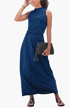 LASCANA High Neck Maxi Dress - Blue-printed