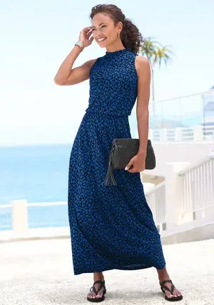 LASCANA High Neck Maxi Dress - Blue-printed