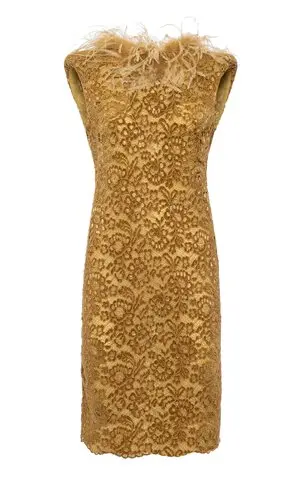 DES_PHEMMES Feather-trimmed Lace Midi Dress - Olive