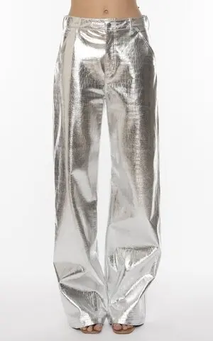 DES_PHEMMES Croc-embossed Wide-leg Trousers - Silver