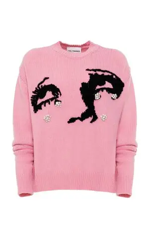 DES_PHEMMES Embroidered Wool-blend Sweater - Pink