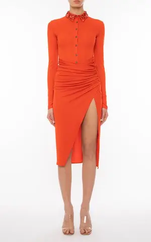 DES_PHEMMES Polo Wrap Midi Dress - Orange