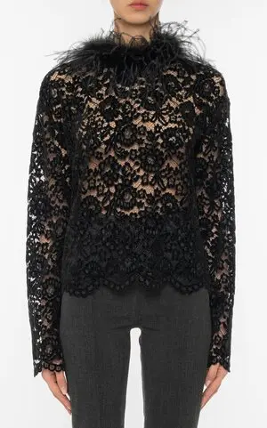 DES_PHEMMES Feather-trimmed Lace Top - Black