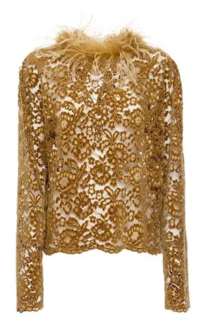 DES_PHEMMES Feather-trimmed Lace Top - Olive