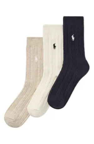 Polo Ralph Lauren Classic Assorted 3-pack Cable Crew Socks - Beige/ivory/navy