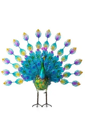GLITZHOME 28.75"w Metal Peacock Tail Spread Garden Statue With Stakes - Blue