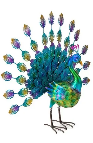GLITZHOME 28.75"w Metal Peacock Tail Spread Garden Statue With Stakes