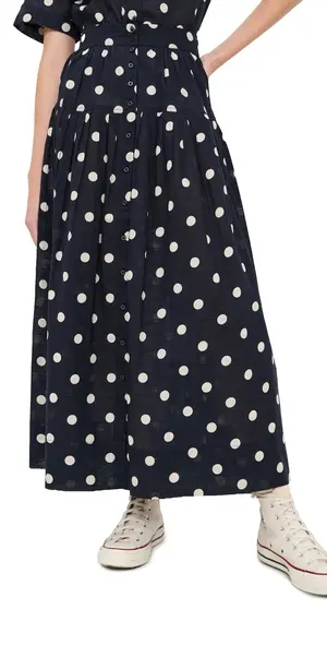 The Great. The Highland Skirt - Navy W/ Cream Polka Dots