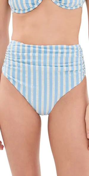 Simkhai High Waisted Ruched Bikini Bottoms - Hydrangea Blue Stripe