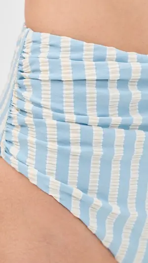 Simkhai High Waisted Ruched Bikini Bottoms - Hydrangea Blue Stripe