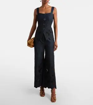 Veronica Beard Osborne Cotton Chambray Wide-leg Pants