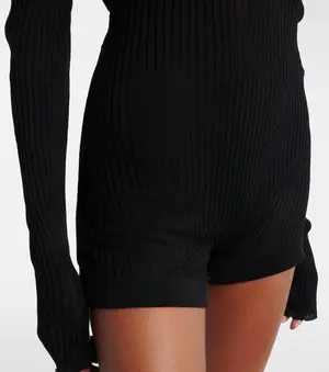 MUGLER Ribbed-knit Cotton Romper - Black