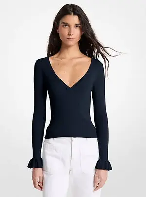 Michael Kors Ribbed Wool Blend V-neck Sweater - Blue
