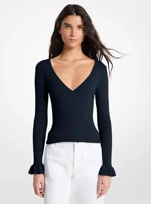 Michael Kors Ribbed Wool Blend V-neck Sweater With Ruffled Cuffs - Blue