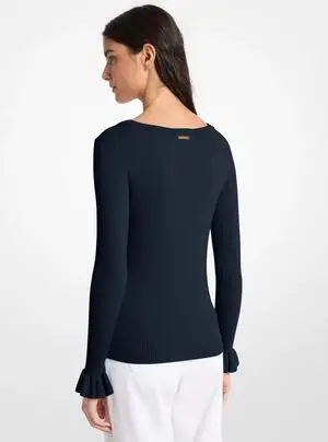 Michael Kors Ribbed Wool Blend V-neck Sweater With Ruffled Cuffs - Blue