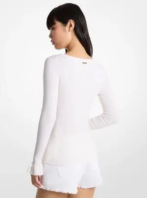 Michael Kors Ribbed Wool Blend V-neck Sweater With Ruffled Cuffs