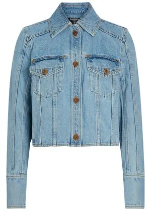 Balmain Cropped Denim Jacket - Light Blue