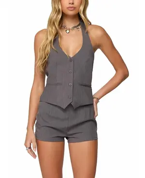 EDIKTED Riya Pinstripe Halter Top - Gray