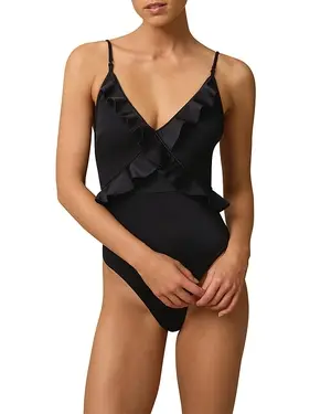 MONTE & LOU Lustre Frill Wrap One Piece Swimsuit - Black