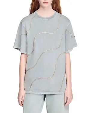 Sandro Embellished Chain Detail Cotton T-shirt - Grey