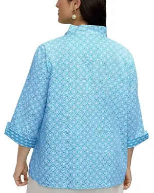 Foxcroft Tammy 3/4 Sleeve Geo Lattice Shirt - Blue/ White