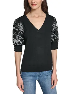 Karl Lagerfeld Floral Short Sleeve Sweater - Black