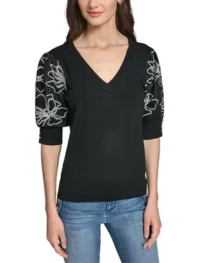 Karl Lagerfeld Floral Short Sleeve Sweater - Black