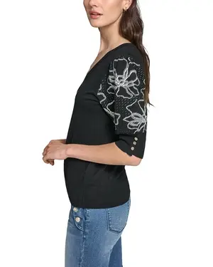 Karl Lagerfeld Floral Short Sleeve Sweater - Black