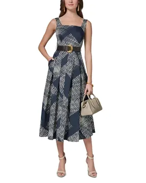Donna Karan New York Printed Square Neck Belted Midi Dress