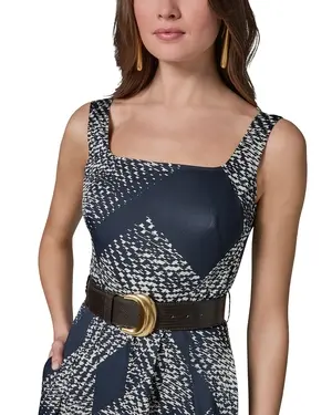 Donna Karan New York Printed Square Neck Belted Midi Dress