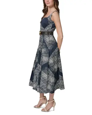 Donna Karan New York Printed Square Neck Belted Midi Dress