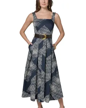 Donna Karan New York Printed Square Neck Belted Midi Dress