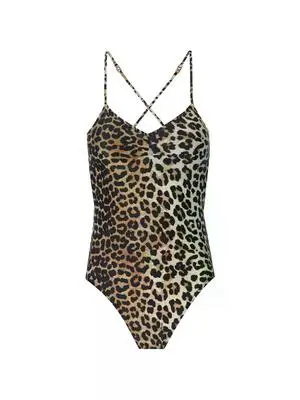 GANNI Printed V-neck Swimsuit - Neutrals