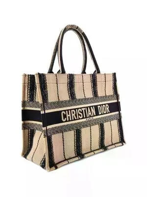 Dior Book Bayadere Stripe Embroidered Canvas Medium Tote Bag - Black