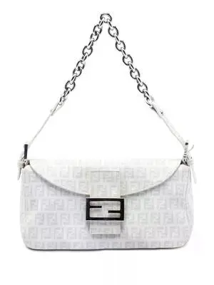 Fendi Zucchino Spalmati Double Flap Chain Shoulder Bag - White