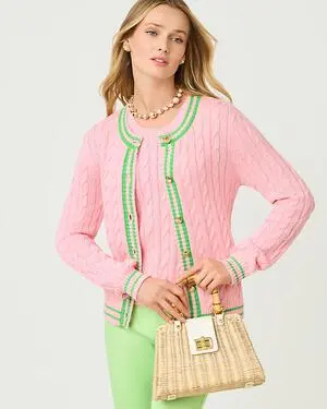 LILLY PULITZER Brockton Cabled Cardigan - Conch Shell Pink X Jackfruit Green Tipping