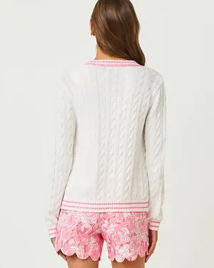 LILLY PULITZER Brockton Cabled Cardigan - Resort White X Conch Shell Pink Tipping